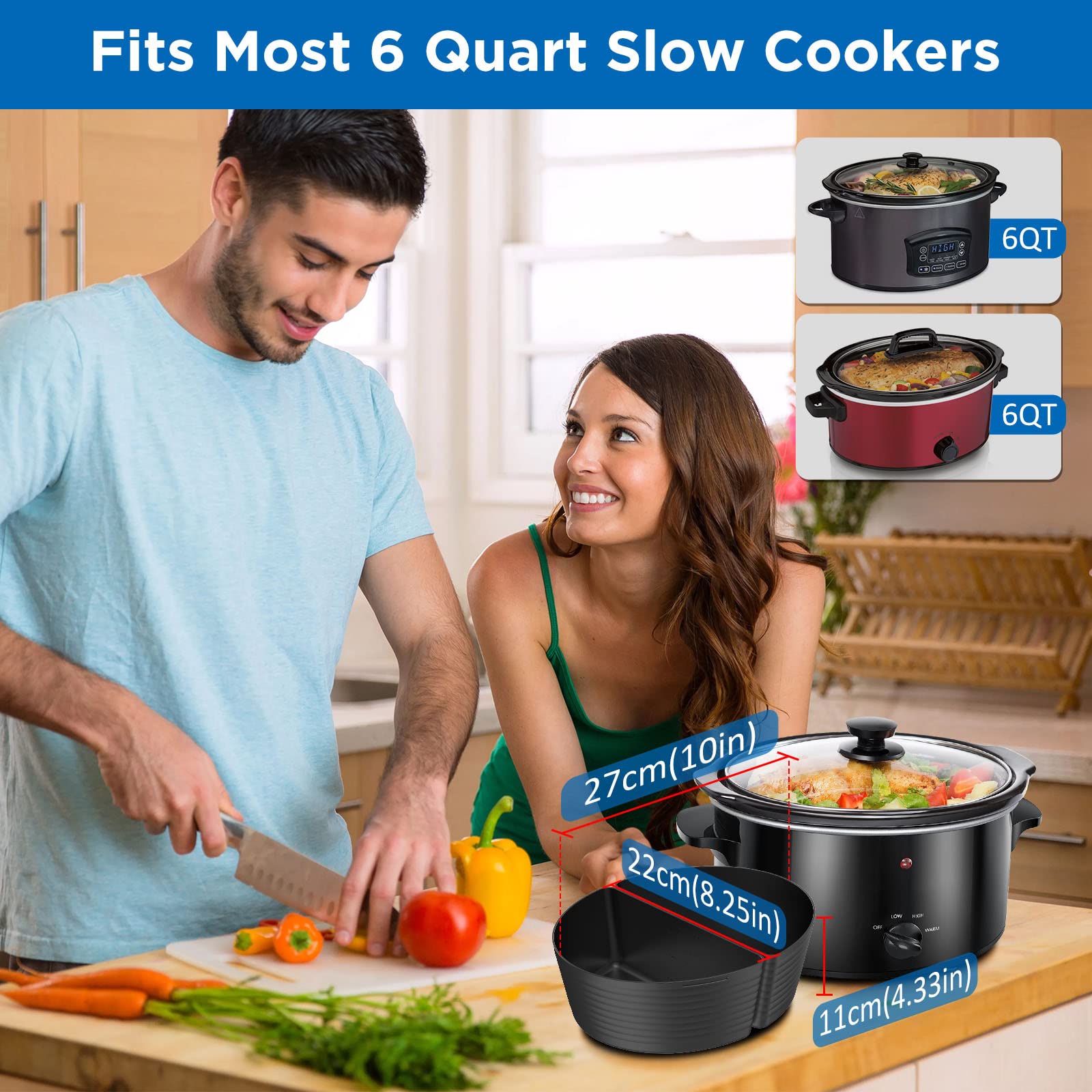 2023 Upgrade Silicone Crock Pot Liner Fit for Crockpot 6 QT Oval, BPA Free Reusable Slow Cooker Divider Insert Separator Bags Dual Pockets, Dishwasher Safe (2 Dividers)