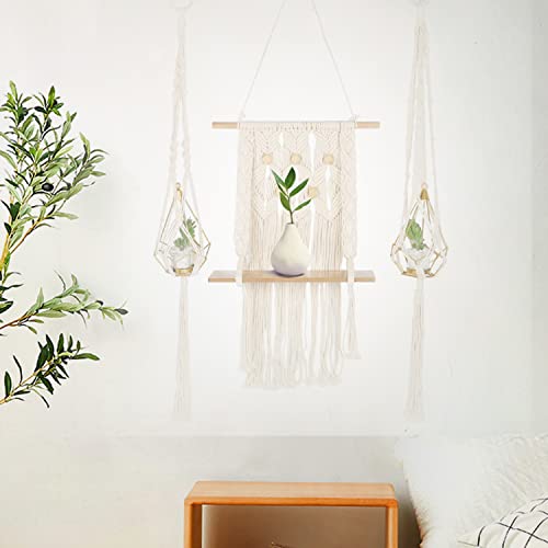 Macrame Wall Hanging Shelf, Boho Room Decor Handmade, Wooden Storage Floating Shelves for Small Plants and Photo Frames, for Living Room, Bedroom, Bathroom, 3Pcs…