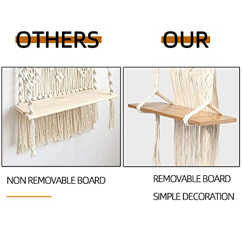 Macrame Wall Hanging Shelf, Boho Room Decor Handmade, Wooden Storage Floating Shelves for Small Plants and Photo Frames, for Living Room, Bedroom, Bathroom, 3Pcs…