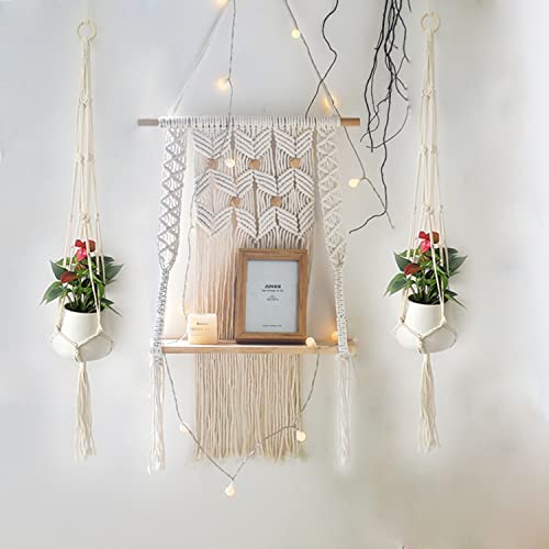 Macrame Wall Hanging Shelf, Boho Room Decor Handmade, Wooden Storage Floating Shelves for Small Plants and Photo Frames, for Living Room, Bedroom, Bathroom, 3Pcs…