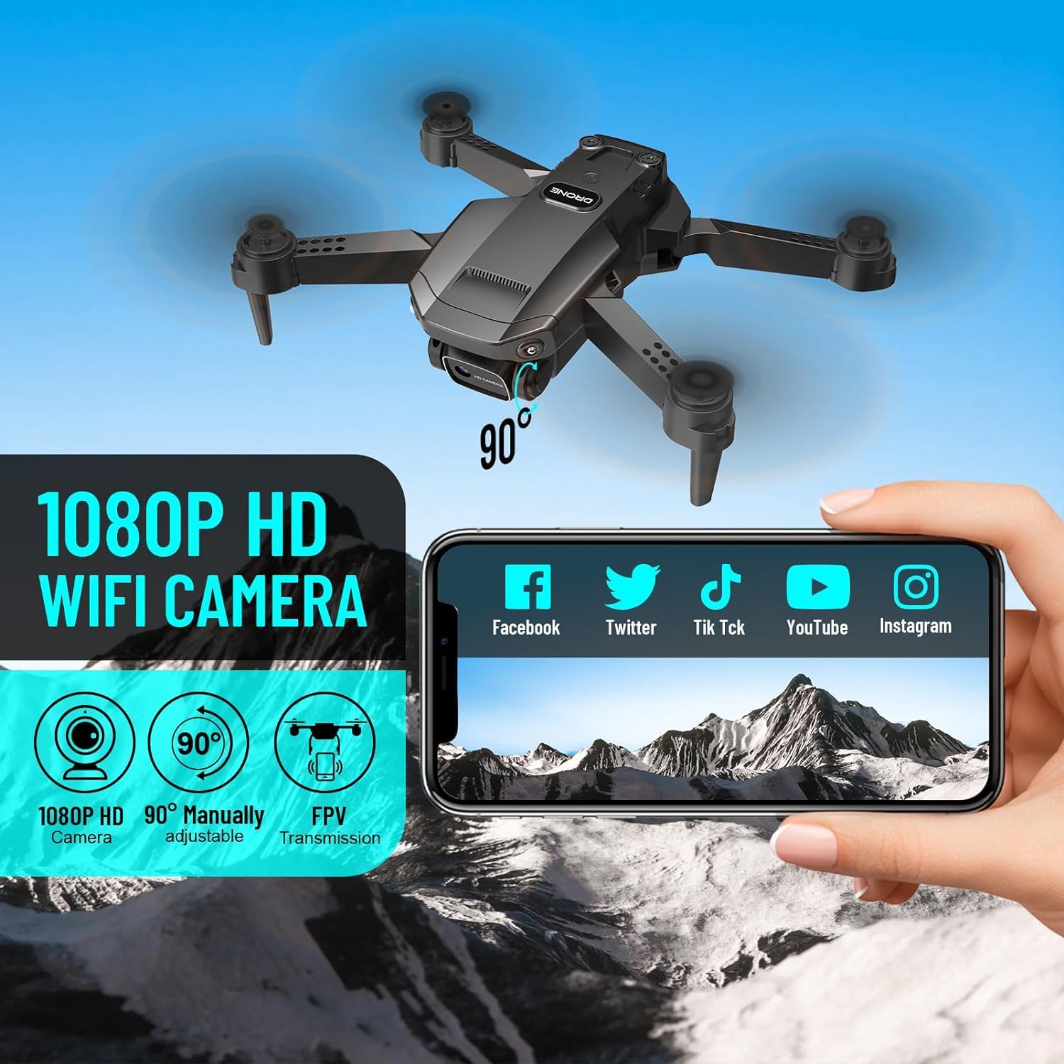 GOFOIT E60 Drone with Camera for Adults Kids, 1080P HD Foldable FPV RC Quadcopter with Upgrade Gesture Control, 90° Adjustable Lens, Headless Mode, 2 Batteries, Carrying Case, Altitude Hold, 3D Flip