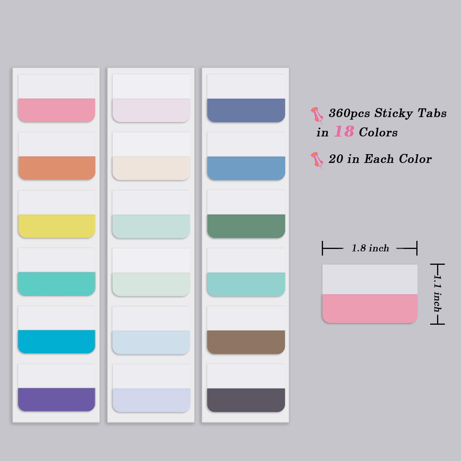 Lumintutu 18 Colors 360pcs Sticky Index Tabs, Large Book Annotation Tabs Repositionable Page Markers Labels for Notebooks, Bible, Binder, File Folder, Planner and Journaling Supplies (1.8×1.1 Inch)