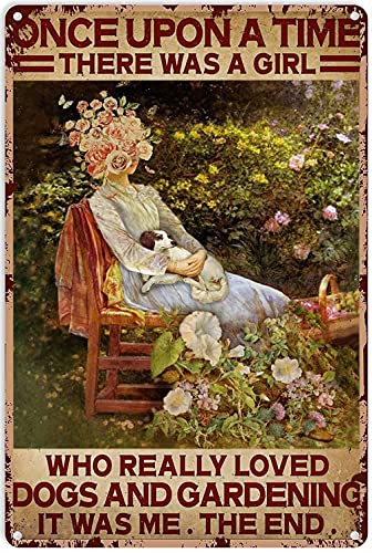 VDUEOJE Garden Iron Poster,A Girl Loves Dogs and Gardening,Vintage Tin Sign for Bedroom Home Hotel Bar Cafe Outdoor Wall Decoration 8x12 Inch