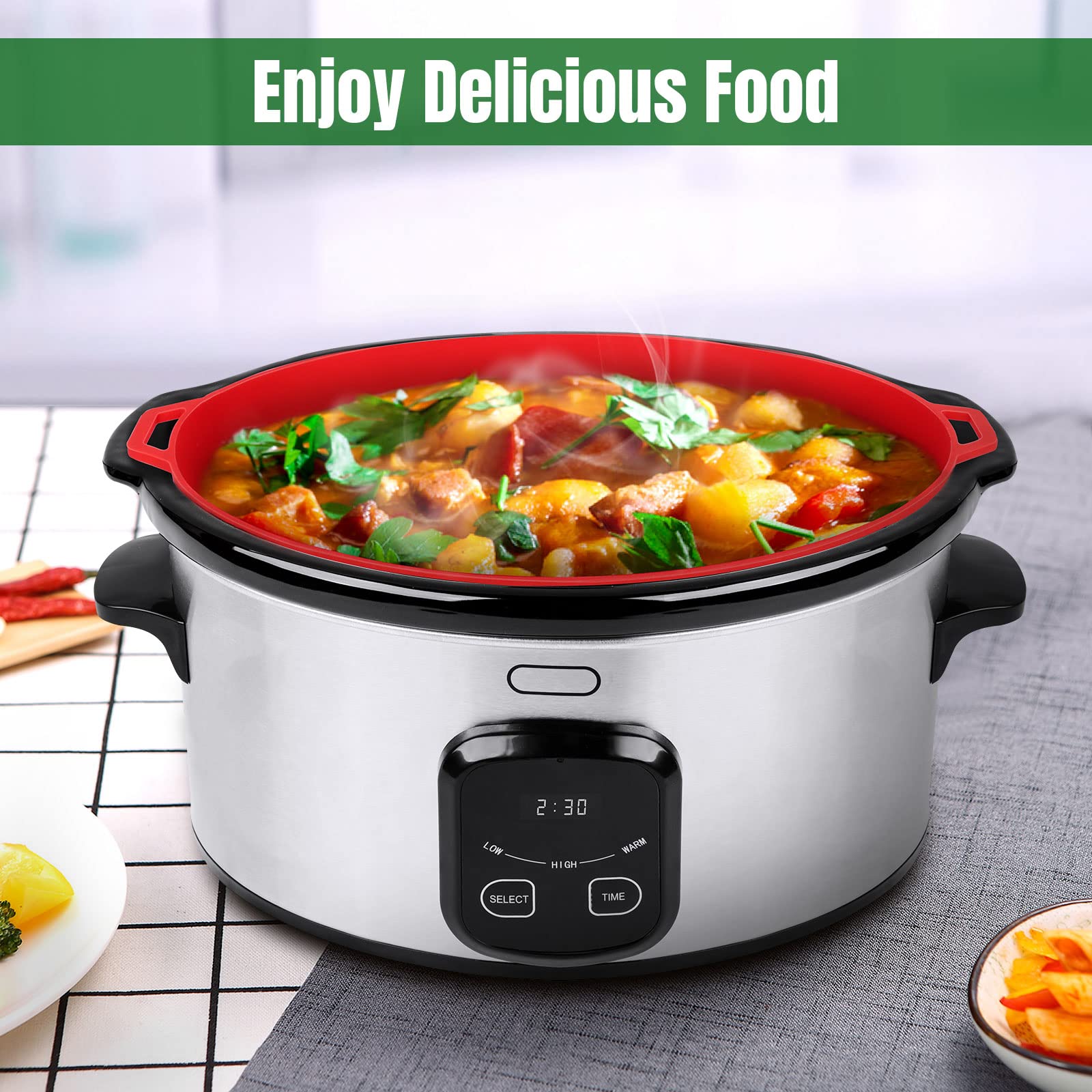 Silicone Crock Pot Liners, FRTIM Reusable Slow Cooker Liners Fit 7-8 Quart Oval Slow Cookers Leakproof Dishwasher Safe Cooking Pot Liner 1PCS - Red
