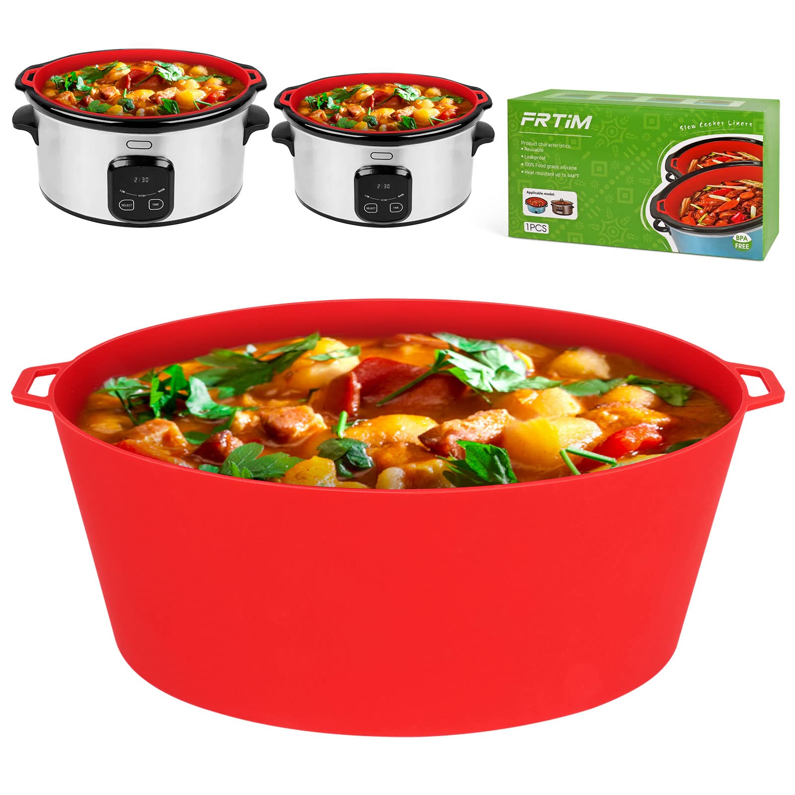 Silicone Crock Pot Liners, FRTIM Reusable Slow Cooker Liners Fit 7-8 Quart Oval Slow Cookers Leakproof Dishwasher Safe Cooking Pot Liner 1PCS - Red