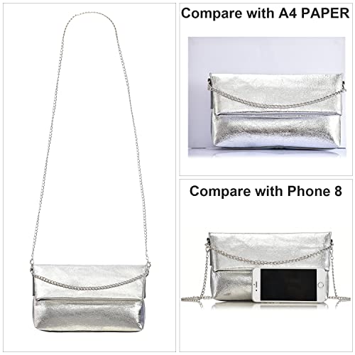 WOO Foldover Evening Clutch Bag Soft Metallic PU Shoulder Crossbody Tote Bag for Different Parties Mini Pouch, Silver