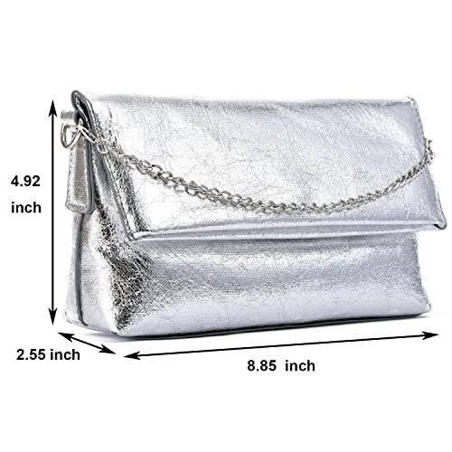 WOO Foldover Evening Clutch Bag Soft Metallic PU Shoulder Crossbody Tote Bag for Different Parties Mini Pouch, Silver