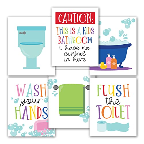 6 Reversible Kids Colorful Bathroom Decor Wall Art 8x10 - Funny Bathroom Wall Art Bathroom Wall Decor, Kids Bathroom Decor For Bathroom Pictures, Bathroom Rules Wall Decor, Funny Bathroom Signs Decor
