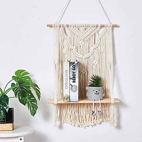 Ebristar Macrame Wall Hanging Shelf, Wood Hanging Shelf Organizer Hanger, Rope Wall Hanging Shelf Plant Hangers, Handmade Boho Woven Home Wall Decor¡