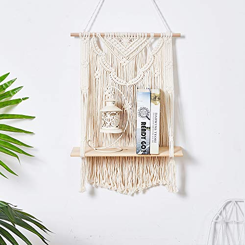 Ebristar Macrame Wall Hanging Shelf, Wood Hanging Shelf Organizer Hanger, Rope Wall Hanging Shelf Plant Hangers, Handmade Boho Woven Home Wall Decor¡