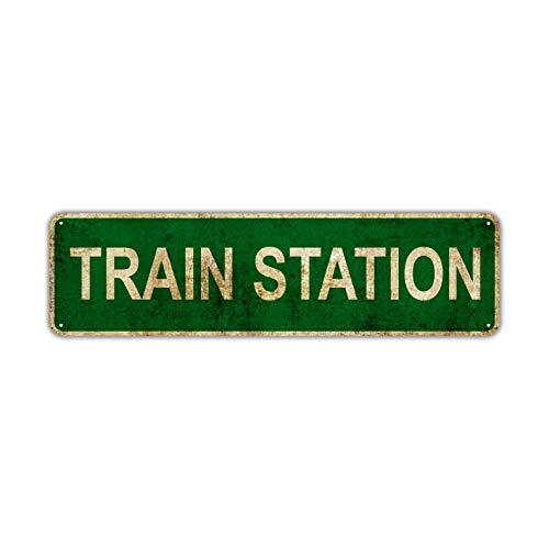Train Station Vintage Tin Sign Gifts for Men, Outdoor Aluminum Metal Sign, Road Signs, Man Cave, Street Signs 16" x 4"