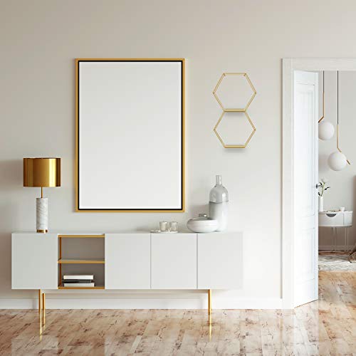 Gold Metal Wire Geometric Hexagon Floating Shelf | Two Brass Colored Vertical Honeycomb Shaped Hanging Wall Shelves | Mid Century Style Vanity Shelf | 16 x 9.25 x 3.75 Inches