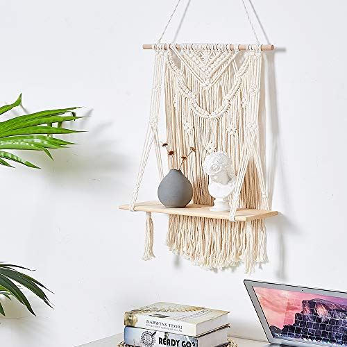 Ebristar Macrame Wall Hanging Shelf, Wood Hanging Shelf Organizer Hanger, Rope Wall Hanging Shelf Plant Hangers, Handmade Boho Woven Home Wall Decor¡