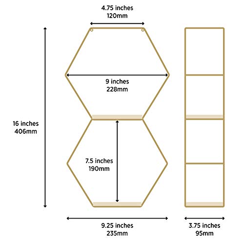 Gold Metal Wire Geometric Hexagon Floating Shelf | Two Brass Colored Vertical Honeycomb Shaped Hanging Wall Shelves | Mid Century Style Vanity Shelf | 16 x 9.25 x 3.75 Inches