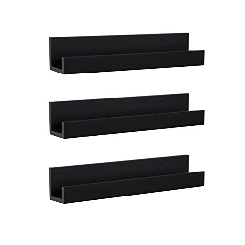 Kate and Laurel Levie Modern Floating Wood Wall Shelves, 18 inches, Set of 3, Black, Chic Picture Frame Ledges for Wall