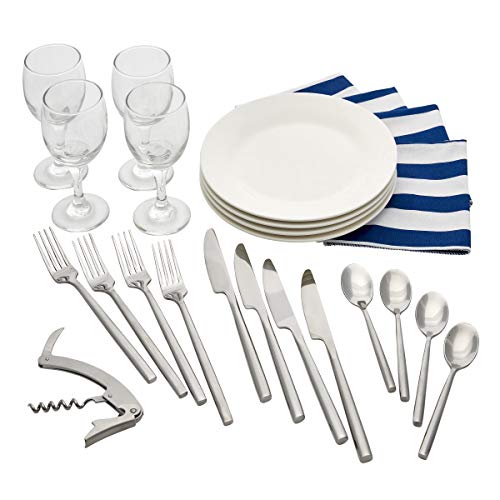 Hoan 5249894 Picnic Basket Set with Utensils and Dinnerware, 4-Person, Assorted
