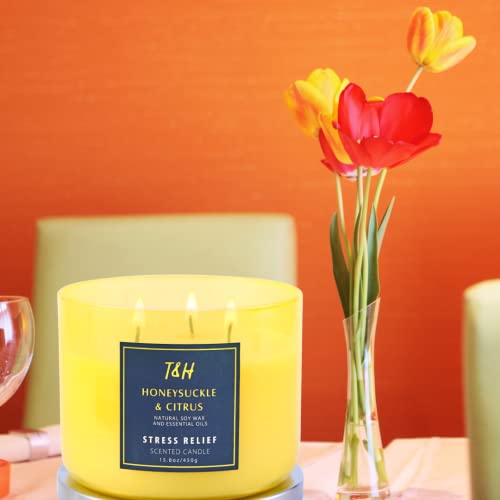 Large 3 Wick Scented Candle - Honeysuckle Citrus Stress Relief Aromatherapy Candle with Grapefruit, Mint & Rose - 15.8 oz Natural Soy Candles for Men and Women - Scented Spring Candles for Home