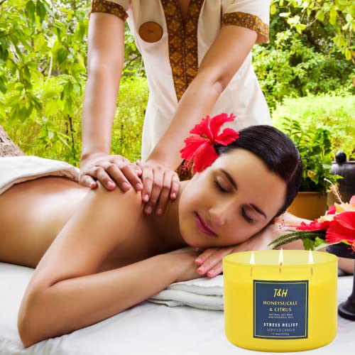 Large 3 Wick Scented Candle - Honeysuckle Citrus Stress Relief Aromatherapy Candle with Grapefruit, Mint & Rose - 15.8 oz Natural Soy Candles for Men and Women - Scented Spring Candles for Home