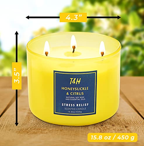 Large 3 Wick Scented Candle - Honeysuckle Citrus Stress Relief Aromatherapy Candle with Grapefruit, Mint & Rose - 15.8 oz Natural Soy Candles for Men and Women - Scented Spring Candles for Home