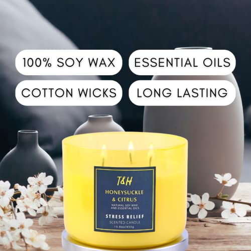 Large 3 Wick Scented Candle - Honeysuckle Citrus Stress Relief Aromatherapy Candle with Grapefruit, Mint & Rose - 15.8 oz Natural Soy Candles for Men and Women - Scented Spring Candles for Home