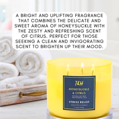 Large 3 Wick Scented Candle - Honeysuckle Citrus Stress Relief Aromatherapy Candle with Grapefruit, Mint & Rose - 15.8 oz Natural Soy Candles for Men and Women - Scented Spring Candles for Home