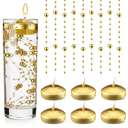 Artificial Pearl String,6 Unscented Floating Candles for Centerpiece,33 Feet Faux Pearl Filler Vase Filling for Wedding Dinning Table Holiday Party Pool Christmas Decor, Gold