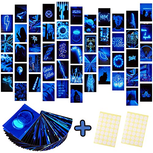 Ctosree 50 Pieces Blue Neon Aesthetic Pictures Wall Collage Kit Neon Blue Indie Room Decor Photo Collections Collage Dorm Decors for Girl Teens and Women for Room Bedroom Aesthetic, 4 x 6 Inches