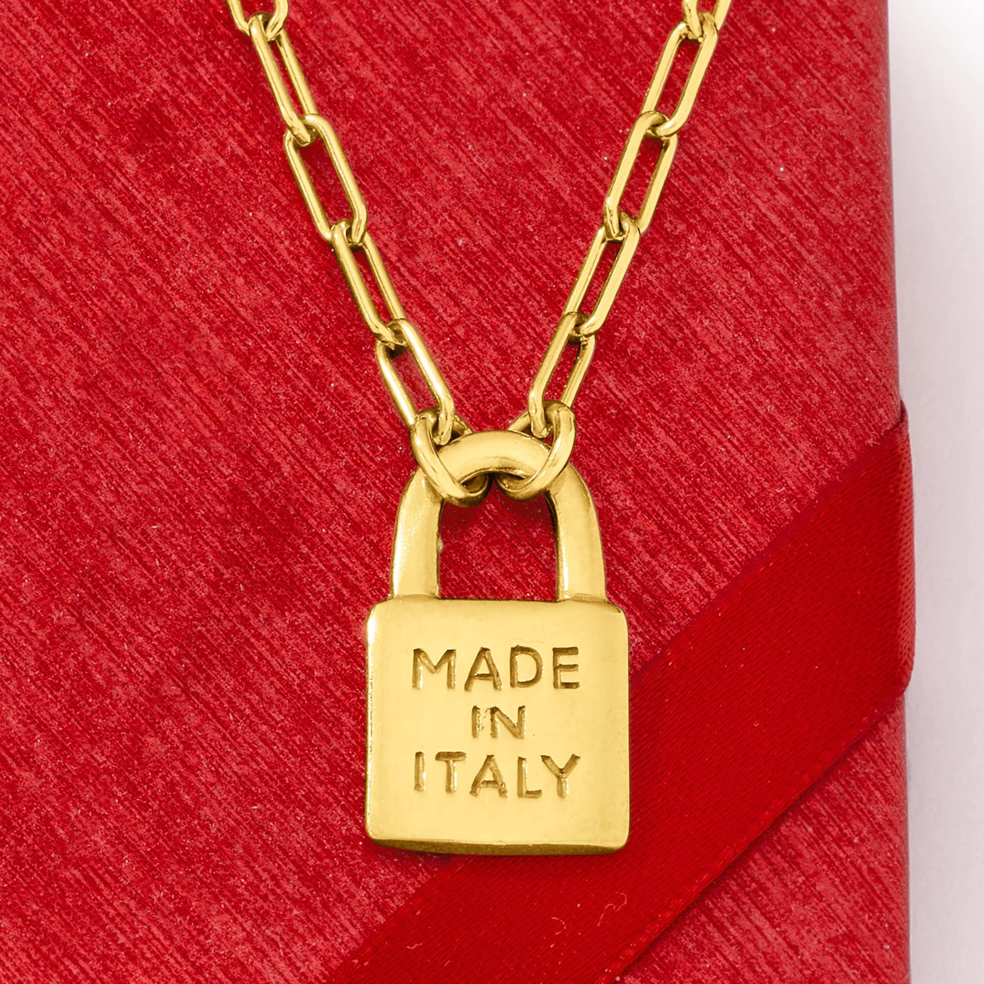 Ross-Simons Italian 18kt Gold Over Sterling Made in Italy Lock Pendant Paper Clip Link Necklace. 18 inches