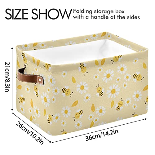 MNSRUU Storage Basket Bee And Flower Collapsible Organizer Basket with PU Handles, Waterproof Nursery Laundry Basket, 1 Pack