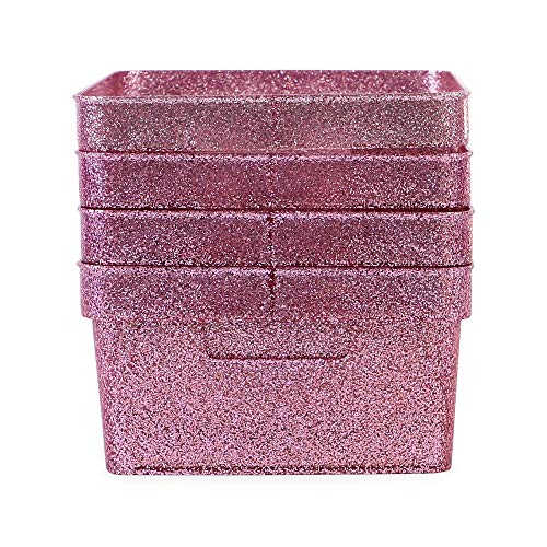 Isaac Jacobs Small Glitter Storage Bin (10” x 7.5” x 4.25”) Set w/Cut-Out Handles, Plastic Organizer, Multi-Functional, Home Storage Solution, Kids Playroom, Bedroom, Closet (4, Pink)