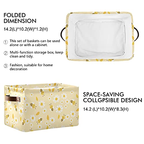 MNSRUU Storage Basket Bee And Flower Collapsible Organizer Basket with PU Handles, Waterproof Nursery Laundry Basket, 1 Pack