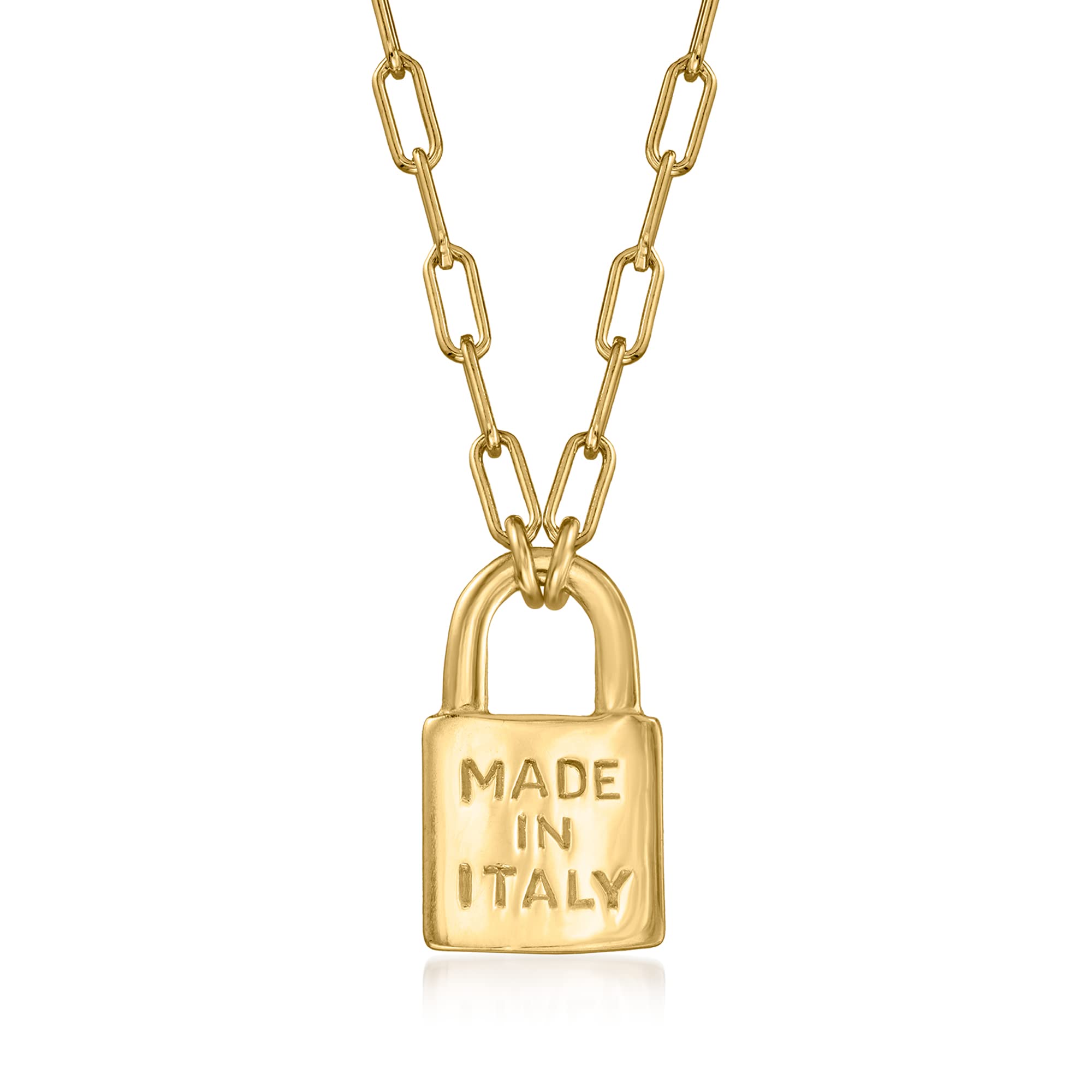 Ross-Simons Italian 18kt Gold Over Sterling Made in Italy Lock Pendant Paper Clip Link Necklace. 18 inches