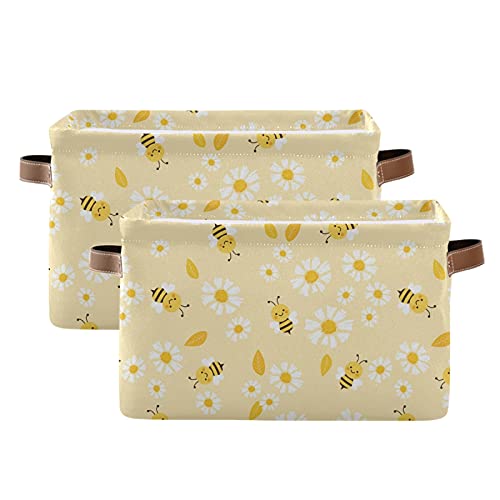 MNSRUU Storage Basket Bee And Flower Collapsible Organizer Basket with PU Handles, Waterproof Nursery Laundry Basket, 1 Pack