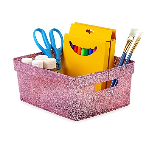 Isaac Jacobs Small Glitter Storage Bin (10” x 7.5” x 4.25”) Set w/Cut-Out Handles, Plastic Organizer, Multi-Functional, Home Storage Solution, Kids Playroom, Bedroom, Closet (4, Pink)