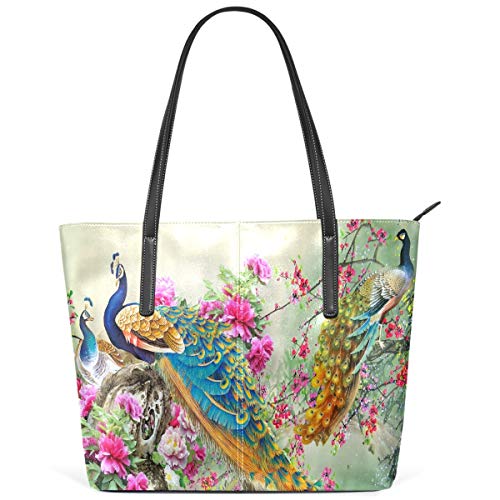 MNSRUU Tote Bag for Women Multicolor Flowers And Peacocks Shoulder Bag Big Capacity PU Leather Handbag