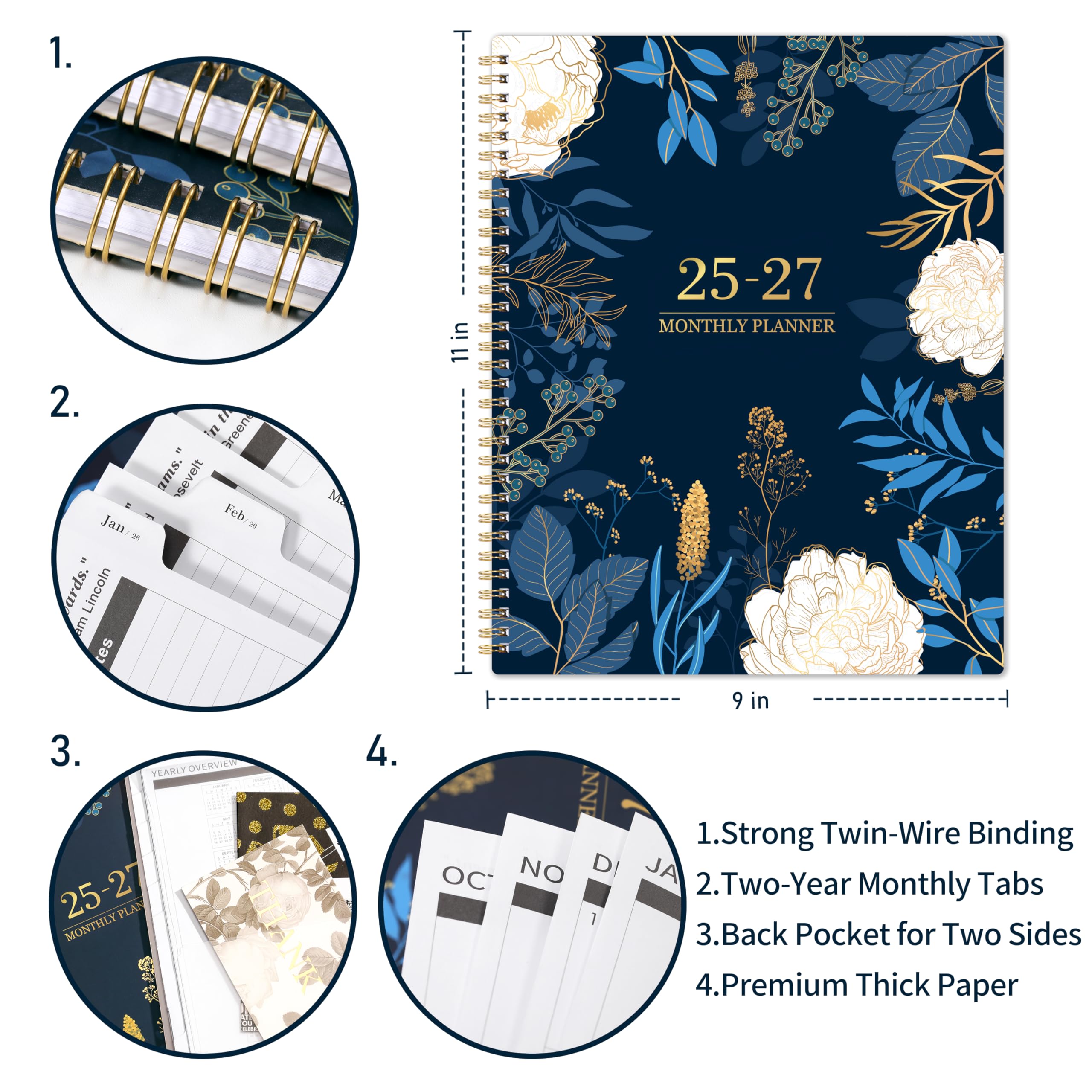 2025-2027 Monthly Planner - 2 Year Monthly Planner/Calendar 2025-2027, Academic Planner 2025-2027, Jul 2025 - Jun 2027, 11" x 9", 24 Months, Tabs, Back Pocket, Holidays, Twin-Wire Binding, Note Pages