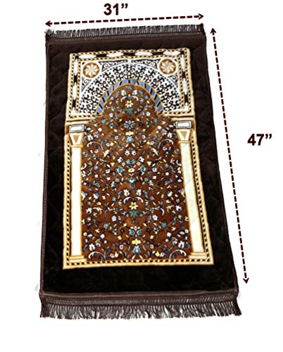 Eid Gift Premium Luxury Ultra-Soft Prayer Rug Seccade Sajjada Soft for Knees Ankles Prayer Carpet Mat with Non-Slip underlayment Free Bag + Free Prayer Beads Tasbih Rug Size 47"x31" (Brown)