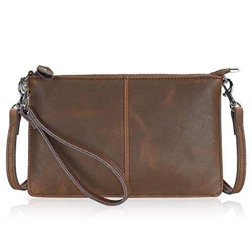 befen Vintage Brown Crazy Horse Leather Wristlet Clutch Wallet Purse Small Crossbody Bag for Women(Brown - Crazy Horse Leather)