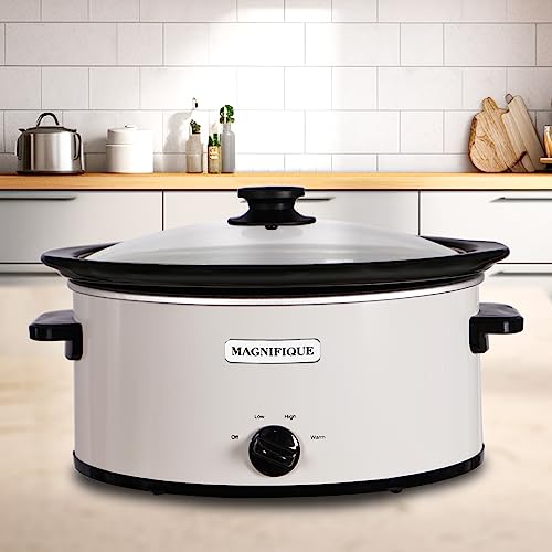 [NEW] MAGNIFIQUE Oval Slow Cooker with Keep Warm Setting - Perfect Kitchen Small Appliance for Family Dinners (White Manual, 6 Qt)