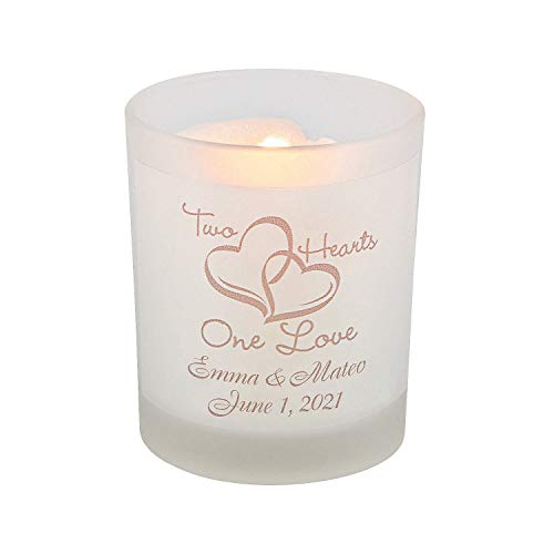 Personalized Two Hearts Gold Votive Candle Holders, Set of 12 Votive Holders with 12 Personalized Stickers - Wedding and Engagement Favors for Guests
