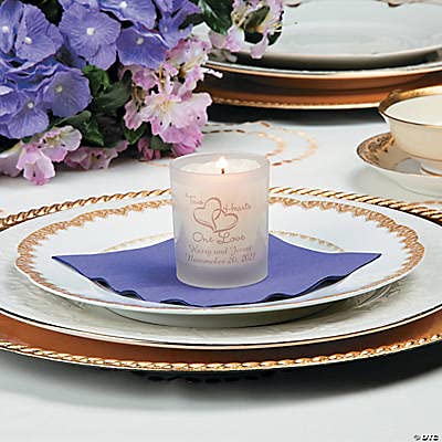 Personalized Two Hearts Gold Votive Candle Holders, Set of 12 Votive Holders with 12 Personalized Stickers - Wedding and Engagement Favors for Guests