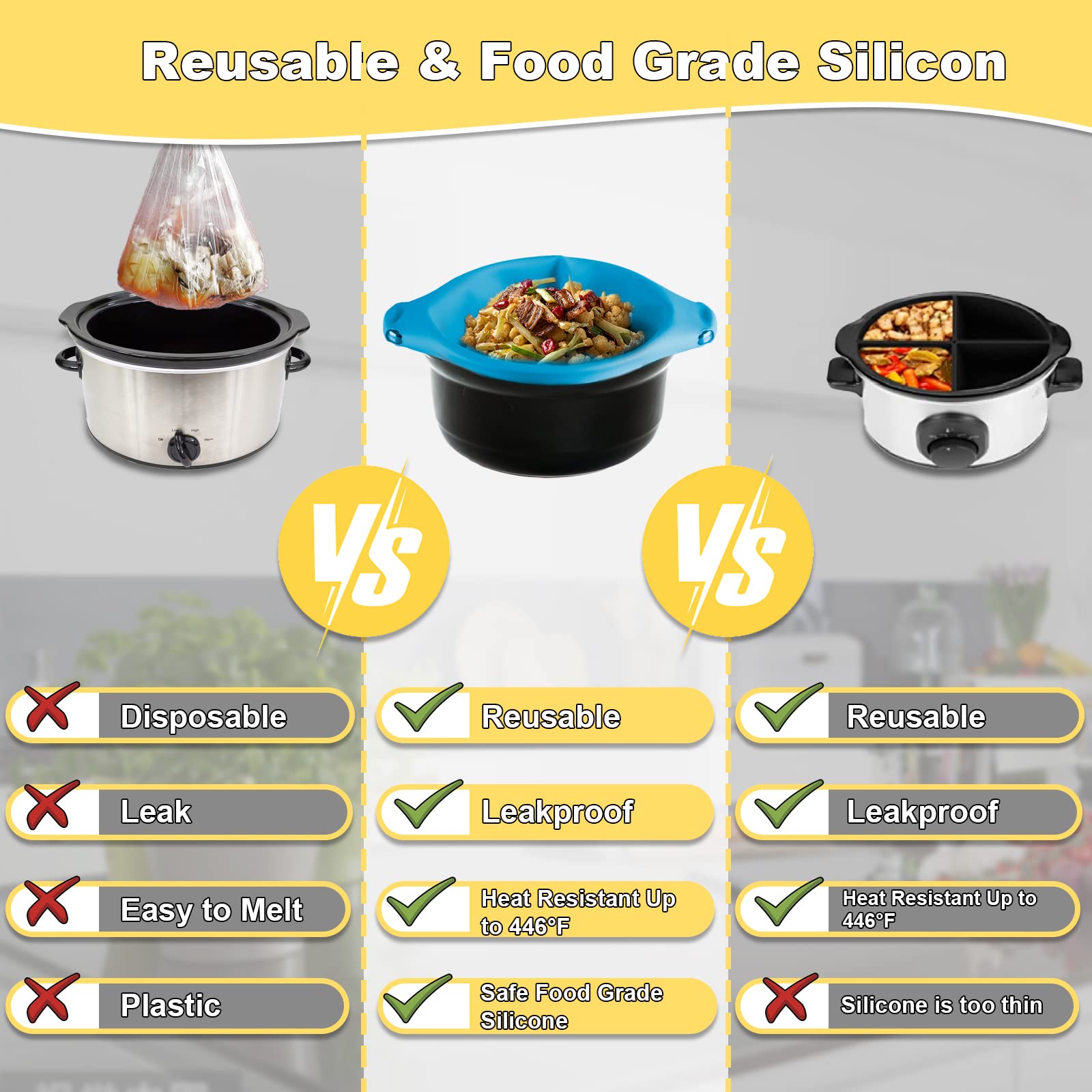 Sdpeia Slow Cooker Liners, 2 Pack Reusable Silicone Crock Pot Liners Fit 7-8 Quarts Crockpot, BPA Free/Leakproof/Slow Cooker Accessories Cooking Liner with Free Cleaning Sponge