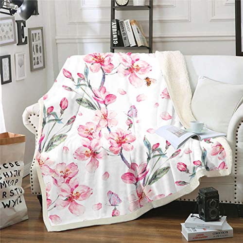 Spring Flower Blanket Throw, Blooming Floral Butterfly Bee Fantasy Wild Animal Cherry Peach Blossom Petal Garden Sherpa Blanket, Decorative Sofa Fleece Blanket Breathable Durable, Throw 50"x60", Pink