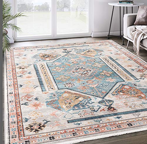Abani Geometric Medallion 7'9" x 10'2" Area Rug, Beige & Teal Rugs Azure Collection Accent Rug