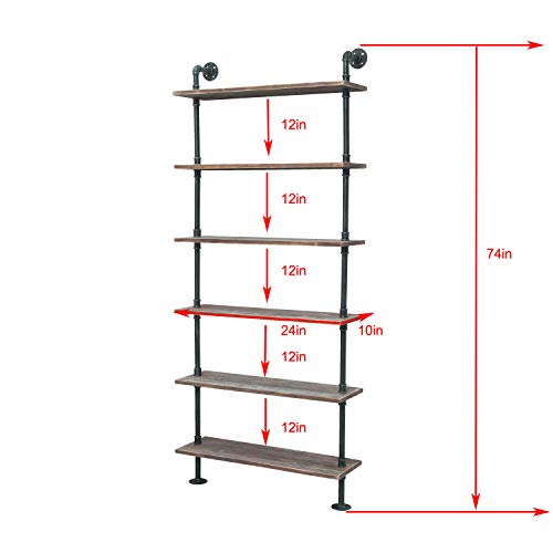 FODUE Industrial Pipe Shelving Bookshelf Rustic Modern Wood Ladder Storage Shelf 6 Tiers Retro Wall Mount Pipe Design DIY Shelving(24in)