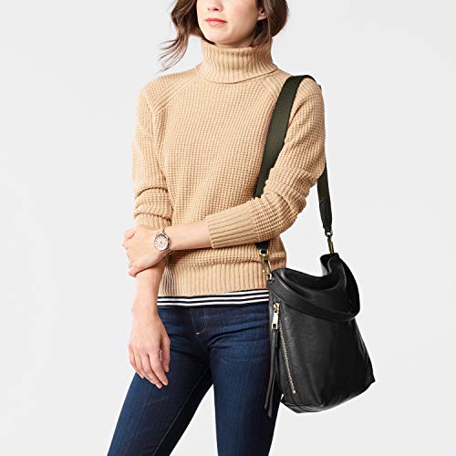 Fossil Women's Maya Leather Small Hobo Handbag, Black with Women's Logan Faux Leather RFID Zip Around Clutch Wallet, Black
