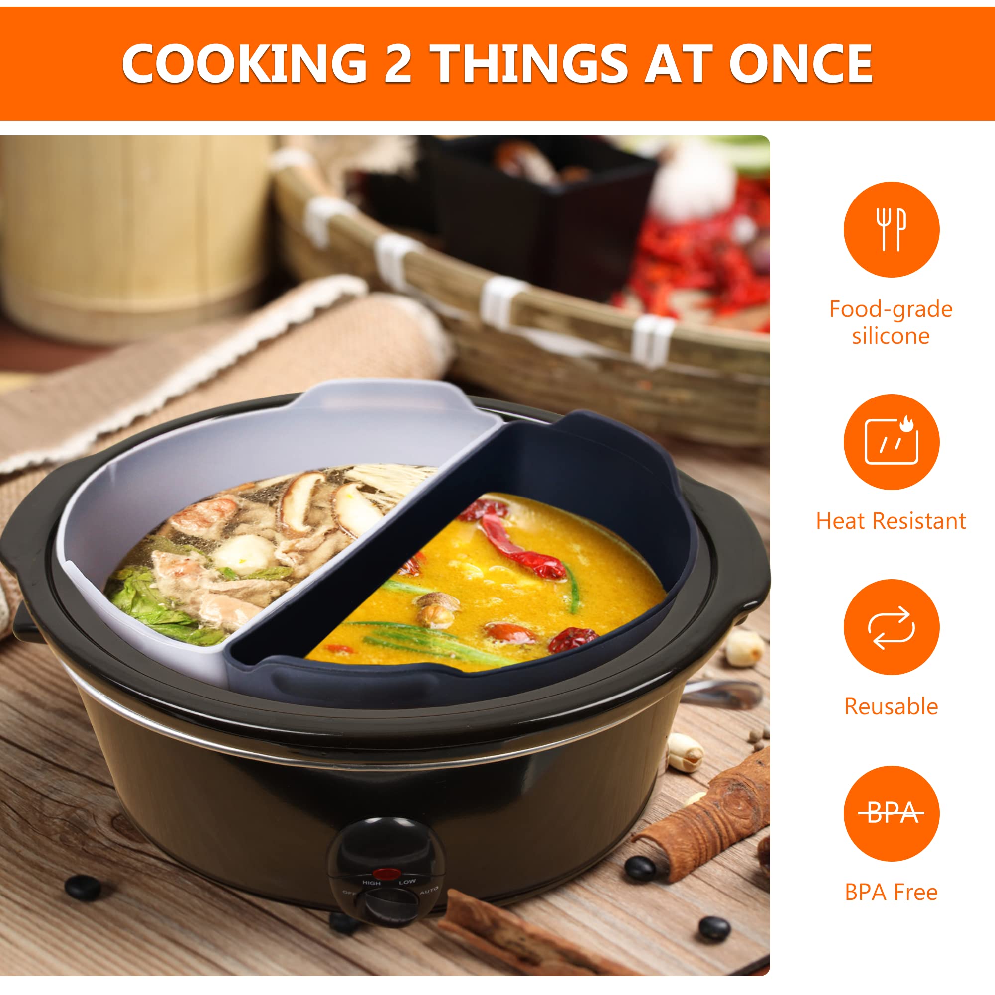 Lineware Slow Cooker Divider Liners for 6-8 QT Crockpot, Silicone Reusable Compatible for Crock Pot Liners Divider Inserts,Dishwasher Safe, Oval Shape,Leakproof & Easy Clean，BPA Free(Upgraded Thicker)