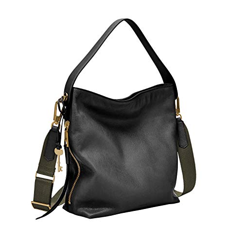 Fossil Women's Maya Leather Small Hobo Handbag, Black with Women's Logan Faux Leather RFID Zip Around Clutch Wallet, Black
