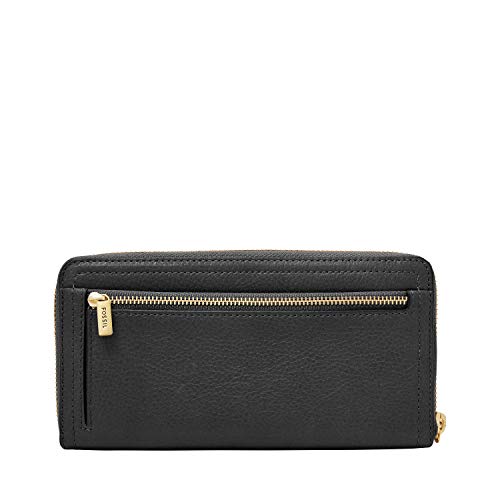 Fossil Women's Maya Leather Small Hobo Handbag, Black with Women's Logan Faux Leather RFID Zip Around Clutch Wallet, Black