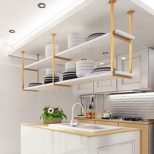 JHJIUJ Ceiling Shelf Wine Rack Hanging Bookcase Ceiling-Mounted Floating Shelves Bar Bedroom Kitchen Wall Mounted Plant Stand/Wall Decor (Color : Gold, Size : 80 * 30 * 80cm(31 * 12 * 31 inch))